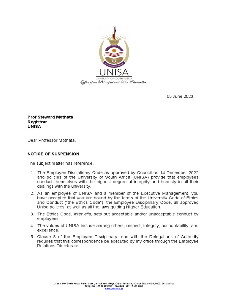 UNISA Registrar Suspension Notice | PDF | Integrity | Employment