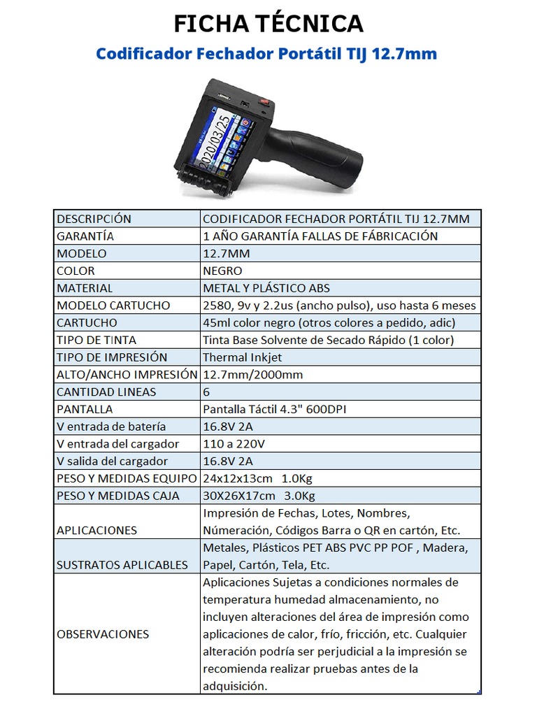 Codificador Portátil TIJ: Versatilidad y Eficiencia | PDF