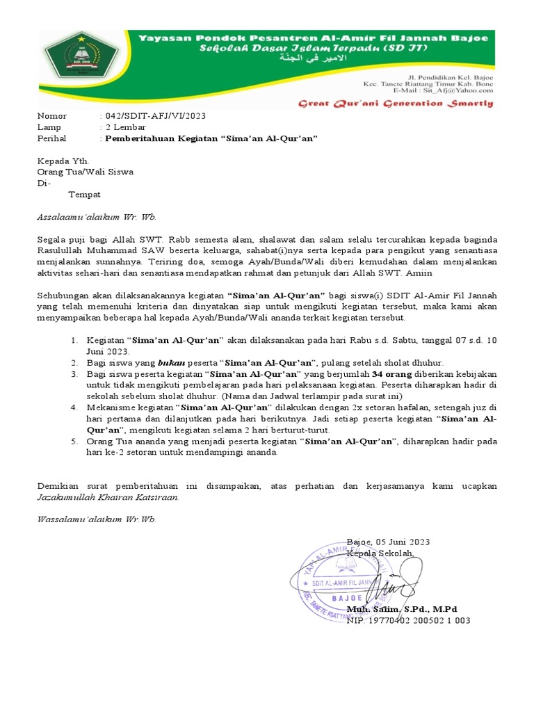 Surat Pemberitahuan Kegiatan Tasmi' Al-Qur'an Semester 2 TP 2022-2023 | PDF