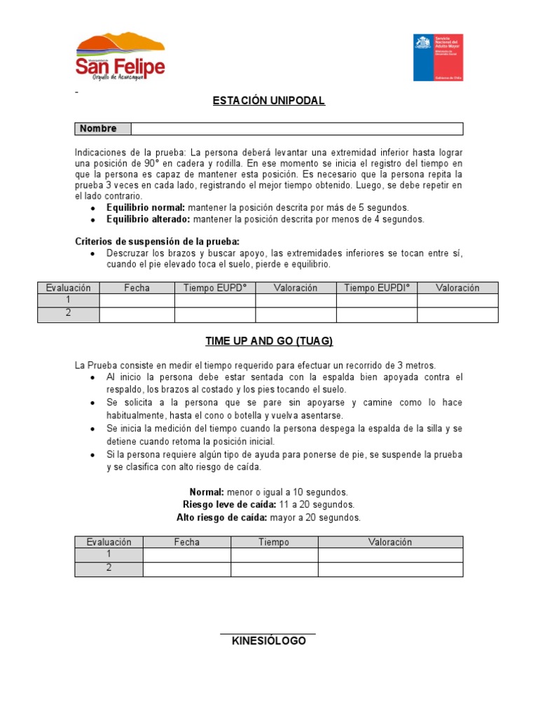 Prueba de Equilibrio Unipodal y TUAG | PDF