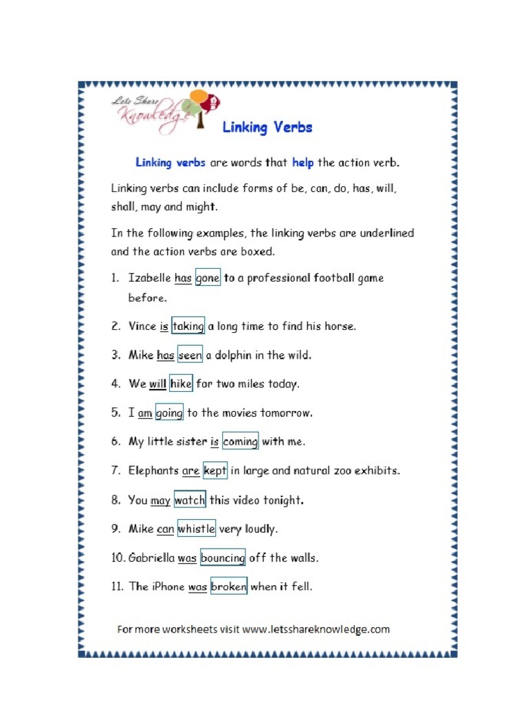 Grade 3 Worksheets Linking or Helping Verbs Page 1 | PDF