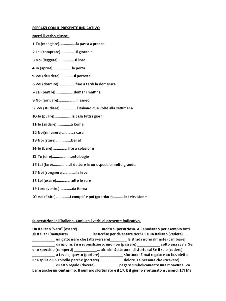 Esercizi Con Il Presente Indicativo | PDF