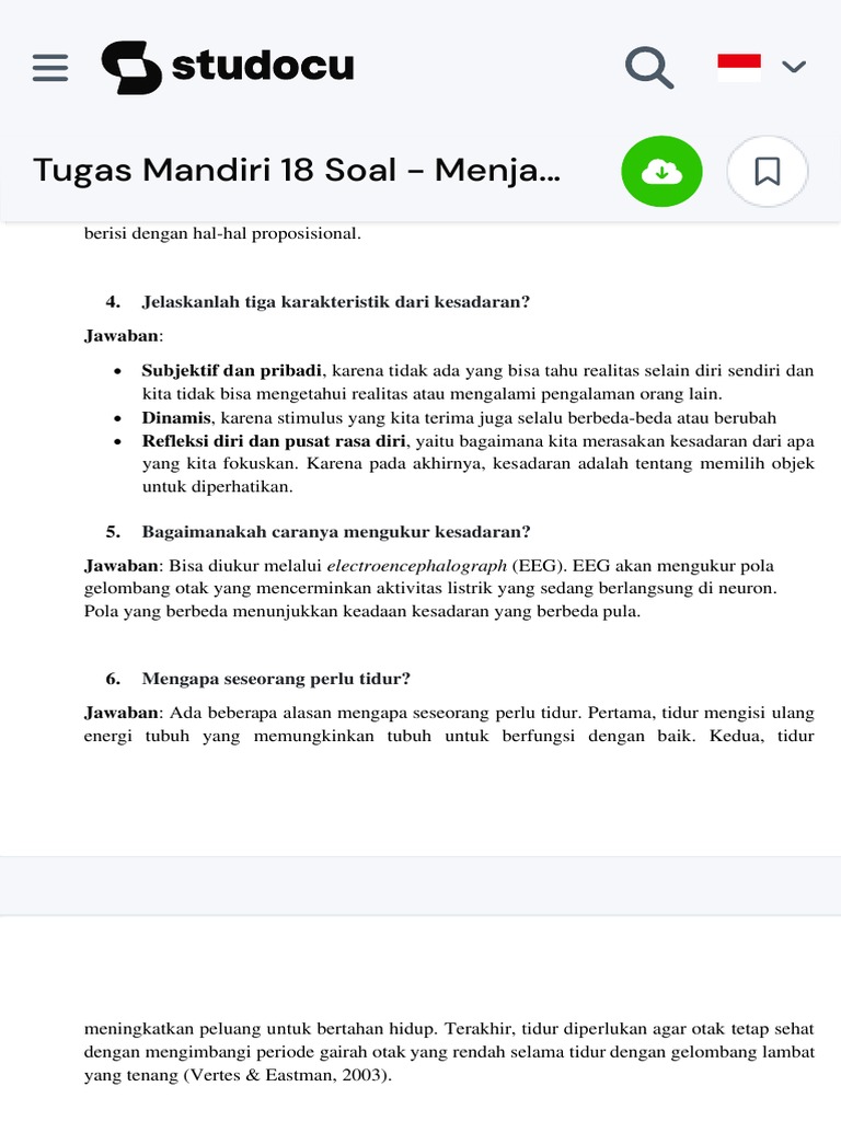 Tugas Mandiri 18 Soal - Menjawab 18 Pertanyaan Yang Diberikan Seputar Kesadaran, Memori, Dan ...