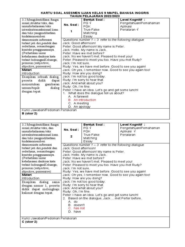 Kartu Soal Asesmen Kelas 9 Tahun 2023 | PDF | Kajian Bahasa Asing