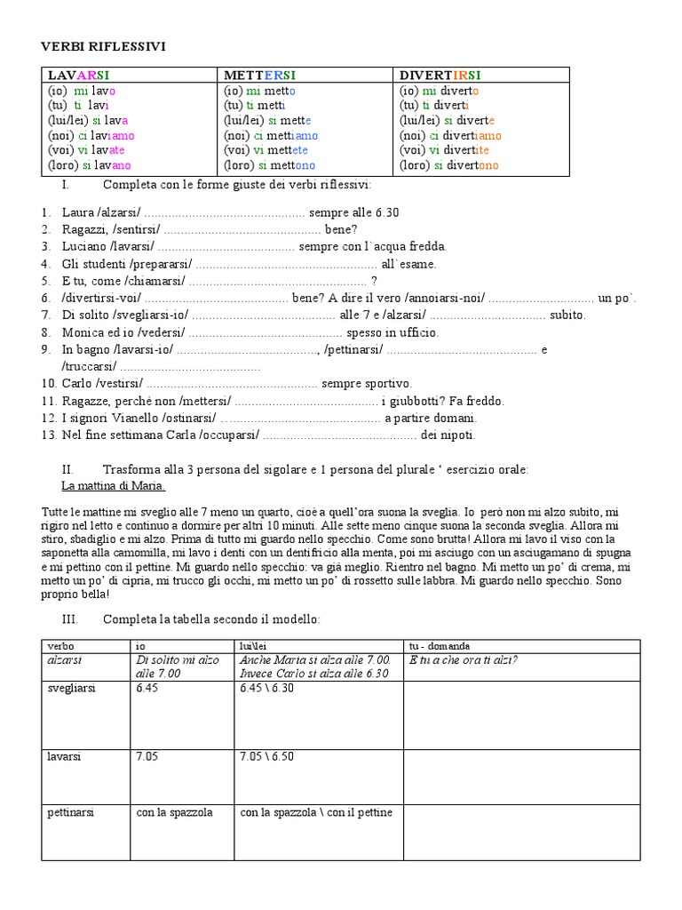 I Verbi Riflessivi e Irregolari | PDF