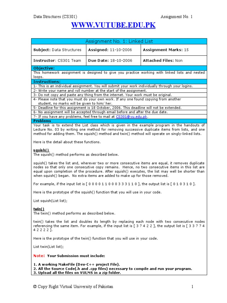 Data Structures Cs301 Fall 2006 Assignment 01 Pdf 