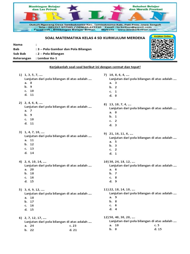 Soal Matematika Kelas 4 SD Bab 3 Pola Bilangan Lembar 1 Pilihan Ganda | PDF