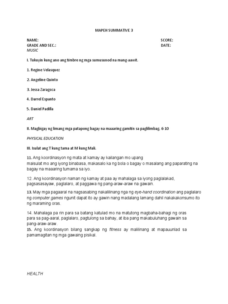Mapeh V Summative 3 - 3RD Quarter | PDF