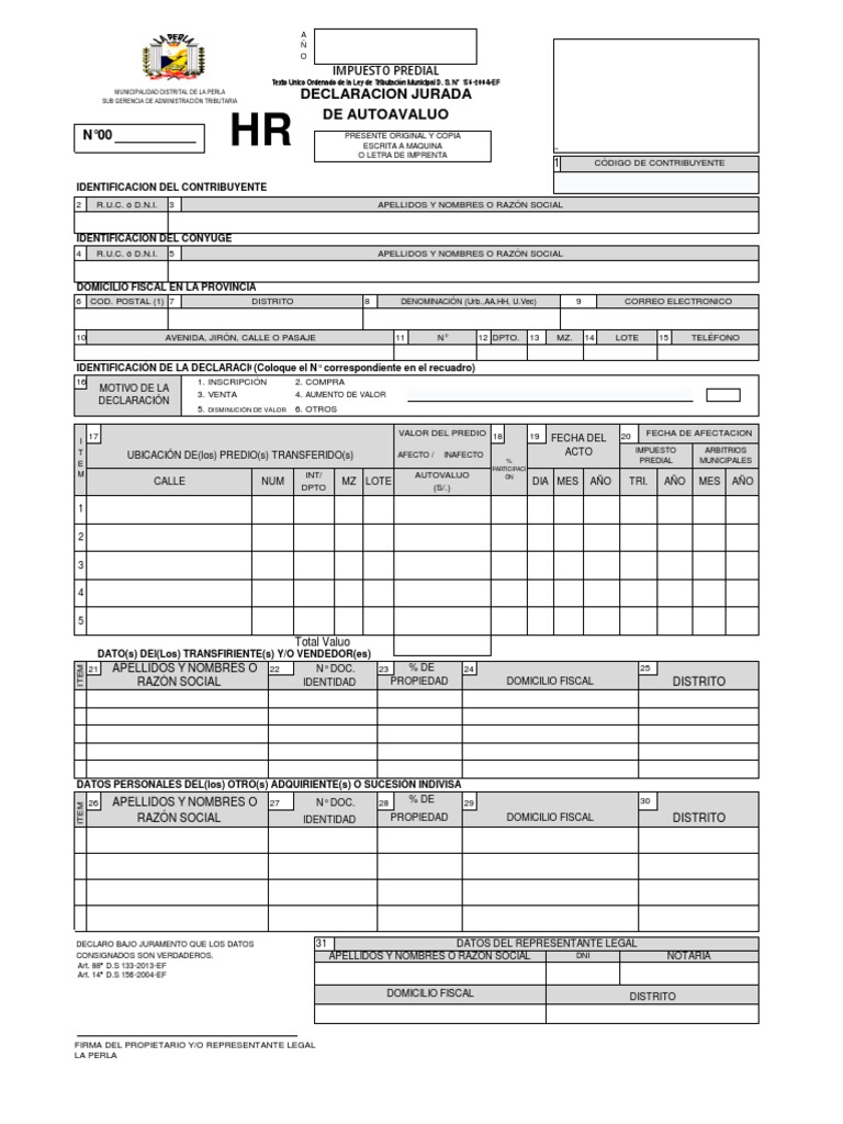 Formulario para Declaracion Jurada de Impuesto Predial - HR | PDF