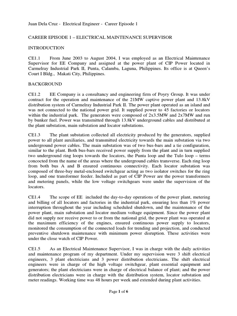 Electrical Engineer Sample 2 Career Episode | PDF | Electrical Substation | Electric Power ...