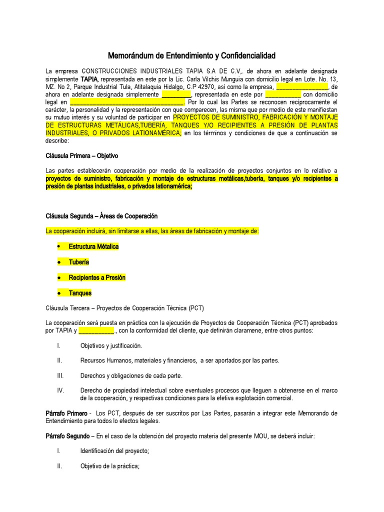 Modelo MOU Y NDA | PDF | Propiedad intelectual | Memorando de entendimiento