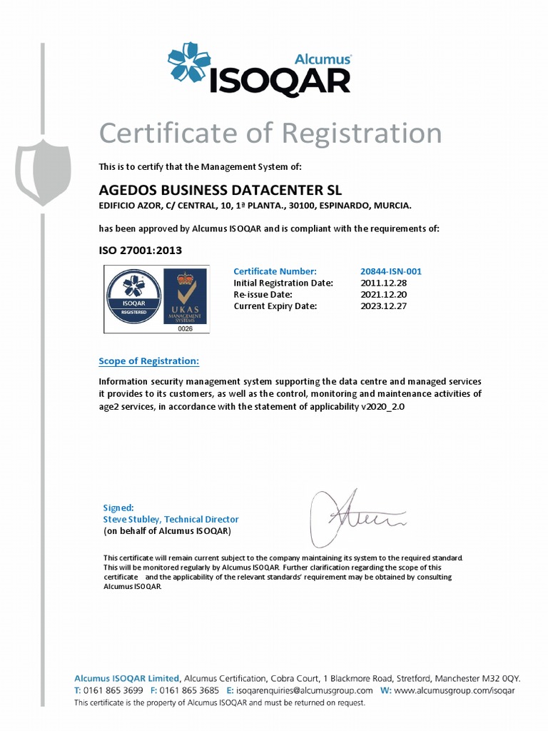 ISO 27001 - Certificate 20844 ISMS Transfer Certs | PDF | Informática | Gestión de tecnología de ...