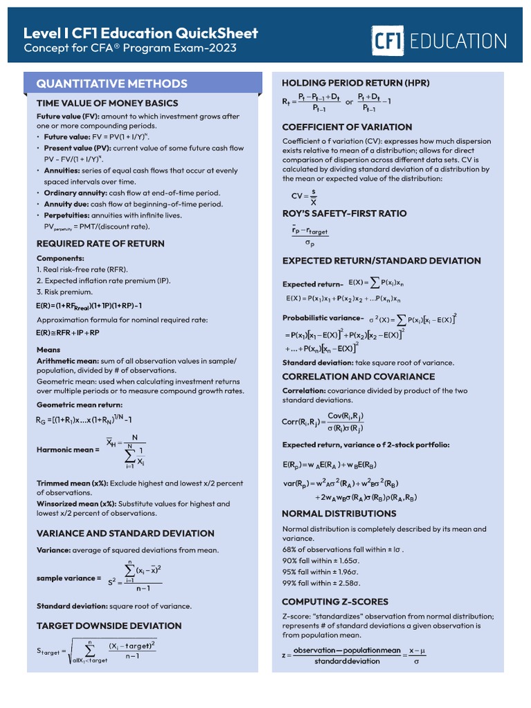 CFI Education CFA Level I 2023 Quick Sheet | PDF