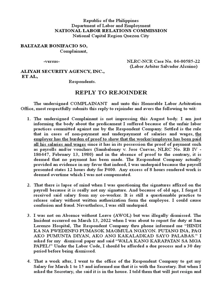 Reply To Rejoinder | PDF | Employment | Salary