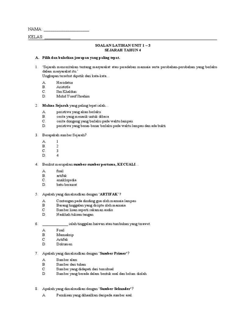 Pengukuhan Sej THN 4 Unit 1-3 | PDF