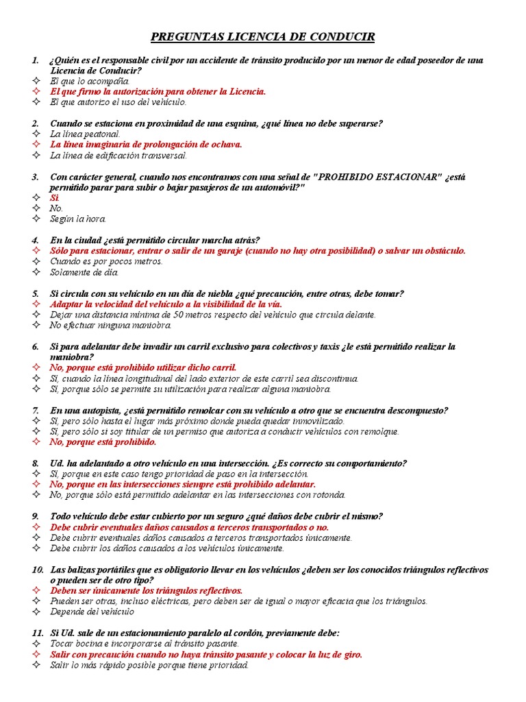 Preguntas Licencia de Conducir - Respuestas | PDF | Peatonal ...