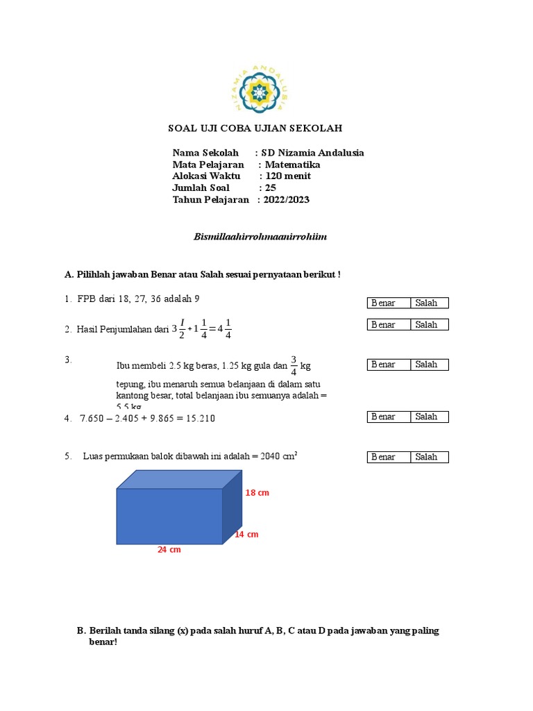Soal Ujian Matematika SD 2022/2023 | PDF
