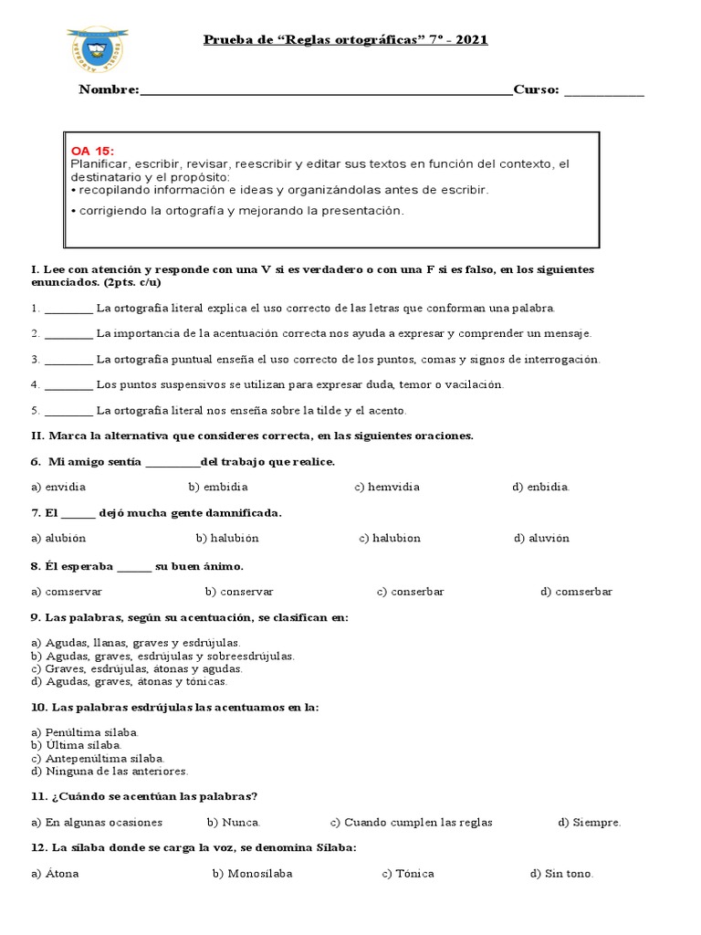 Prueba Unidad - Reglas Ortográficas 7° UTP | PDF | Lingüística | Fonética