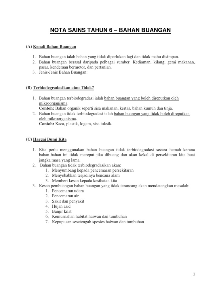Nota Sains Tahun 6 (Bahan Buangan) PDF | PDF