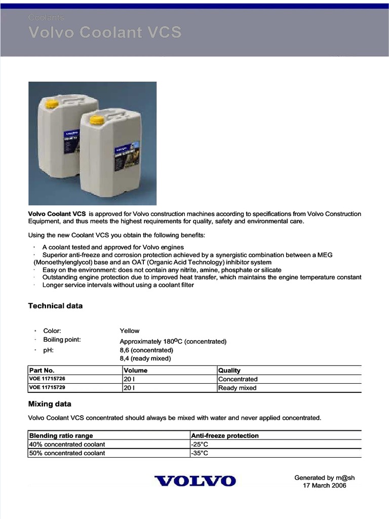 PDF Volvo Coolant Vcs Technical Data Compress | PDF