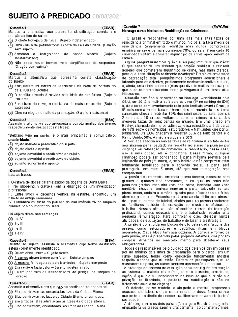 Sujeito e Predicado | PDF | Assunto (gramática) | Linguística