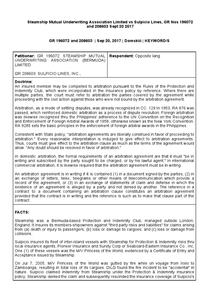 Steamship Mutual Underwriting Association (Bermuda) Limited v. Sulpicio ... Steamship Mutual Underwriting Association (Bermuda) Limited v. Sulpicio ...