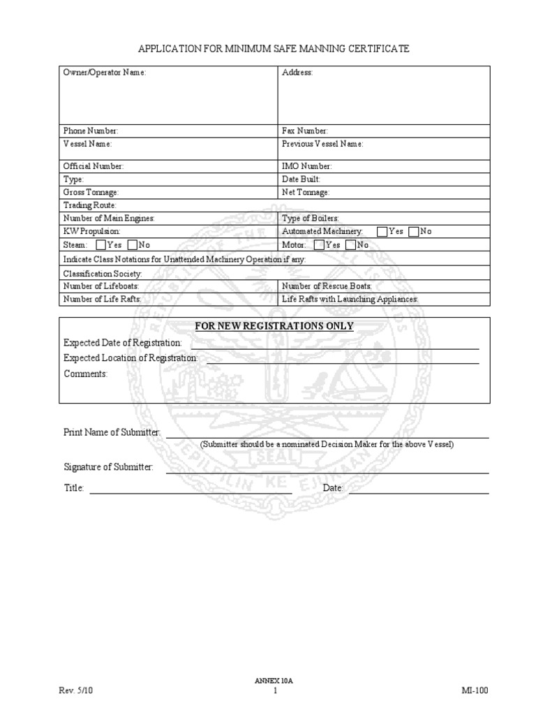 Minimum Safe Manning Certificate Application | PDF | Shipping | Ships