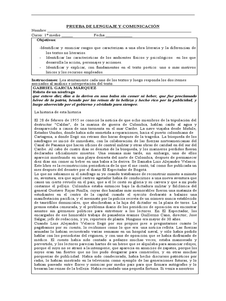 Prueba 1° Medio Lenguaje | PDF | Gabriel García Márquez | Colombia