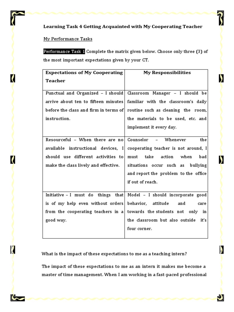Learning Task 4 - ZorenJan D. Cacho | PDF | Teachers | Internship
