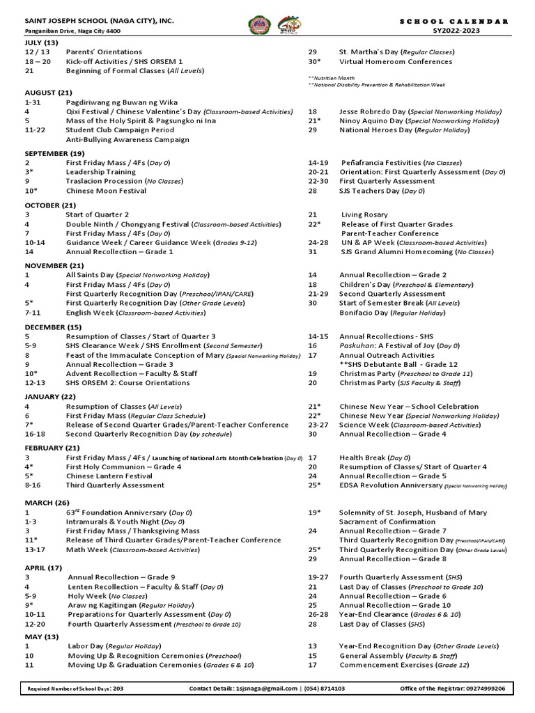 Sjs School Calendar 2022 2023 | PDF | Academic Term | Festival