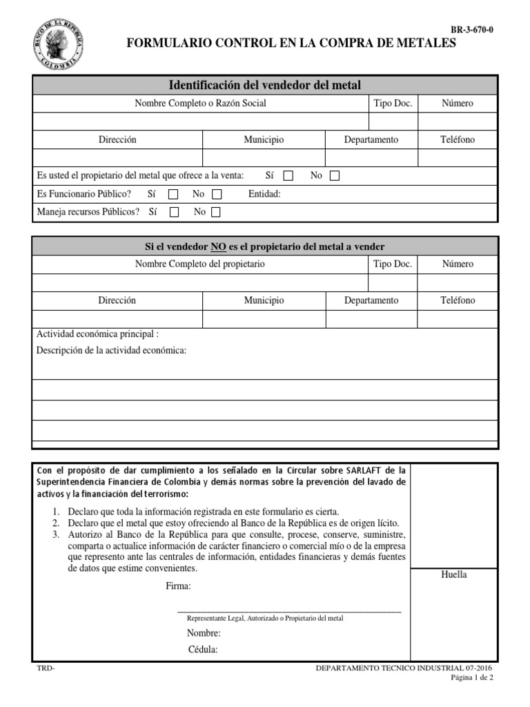 Formulario Control en La Compra de Metales BR-3-670-0 | PDF | Bancos | Economias