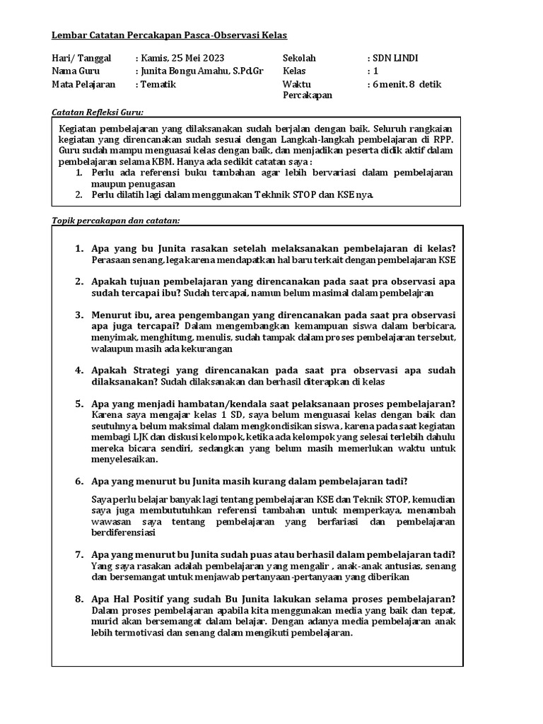 3 - Lembar Catatan Percakapan Pasca Observasi Kelas | PDF