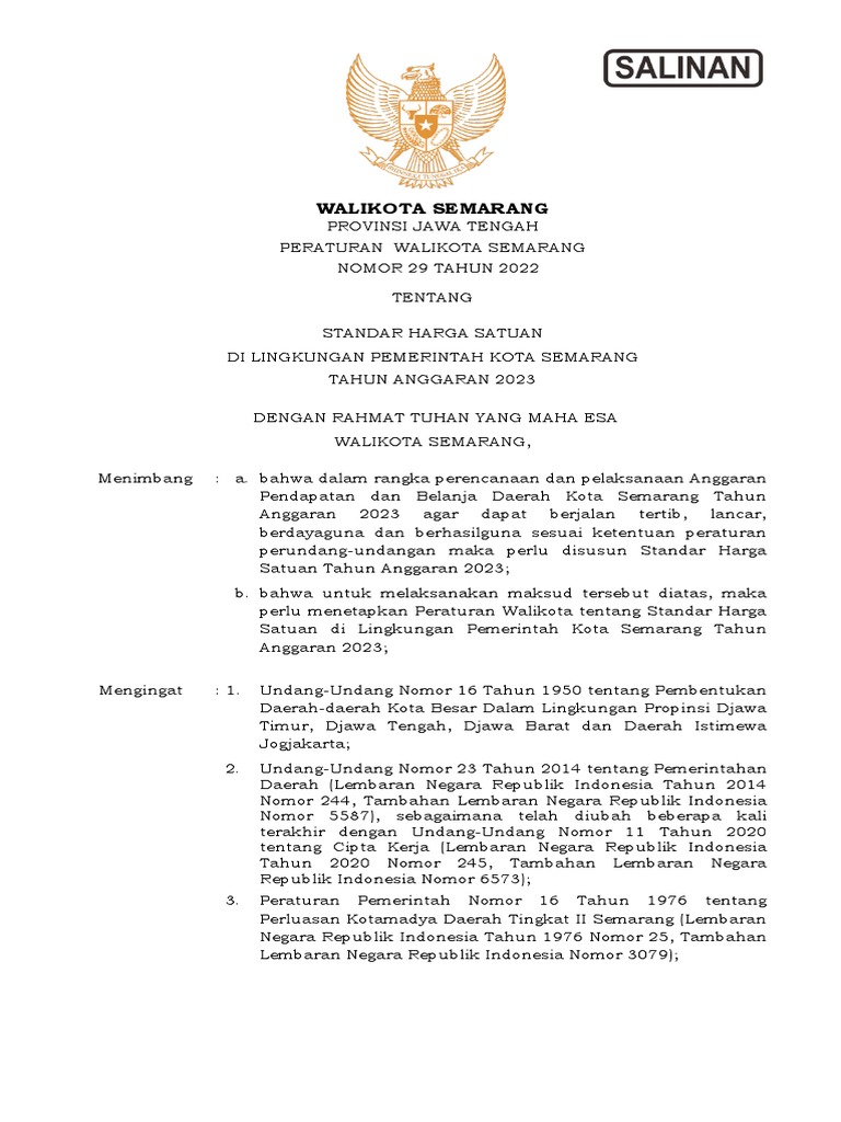 Perwal 29 Tahun 2022 tentang Standar Harga Satuan TA 2023 | PDF