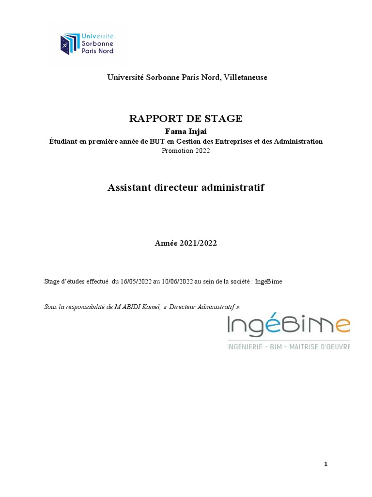 Rapport de Stage Assistant Directeur Administratif | PDF