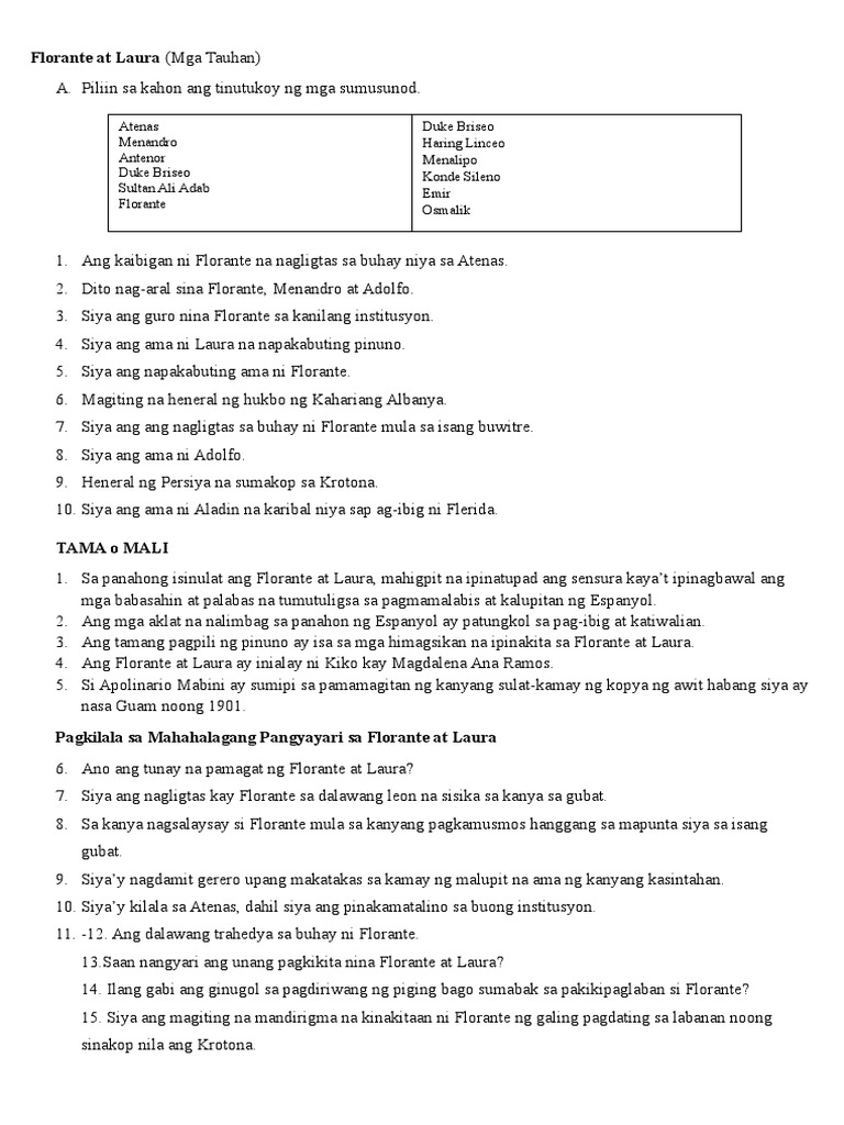 Florante at Laura Quiz | PDF