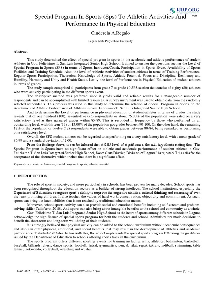 Special Program in Sports (SPS) To Athletic Activities and Performance in Physical Education ...