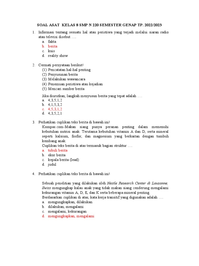 Soal Bindo Asat Kelas 8 Semester Genap 2023 | PDF