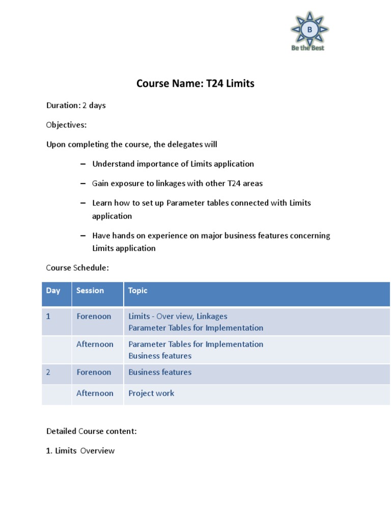 T24 Limits Course: 2-Day Training | PDF
