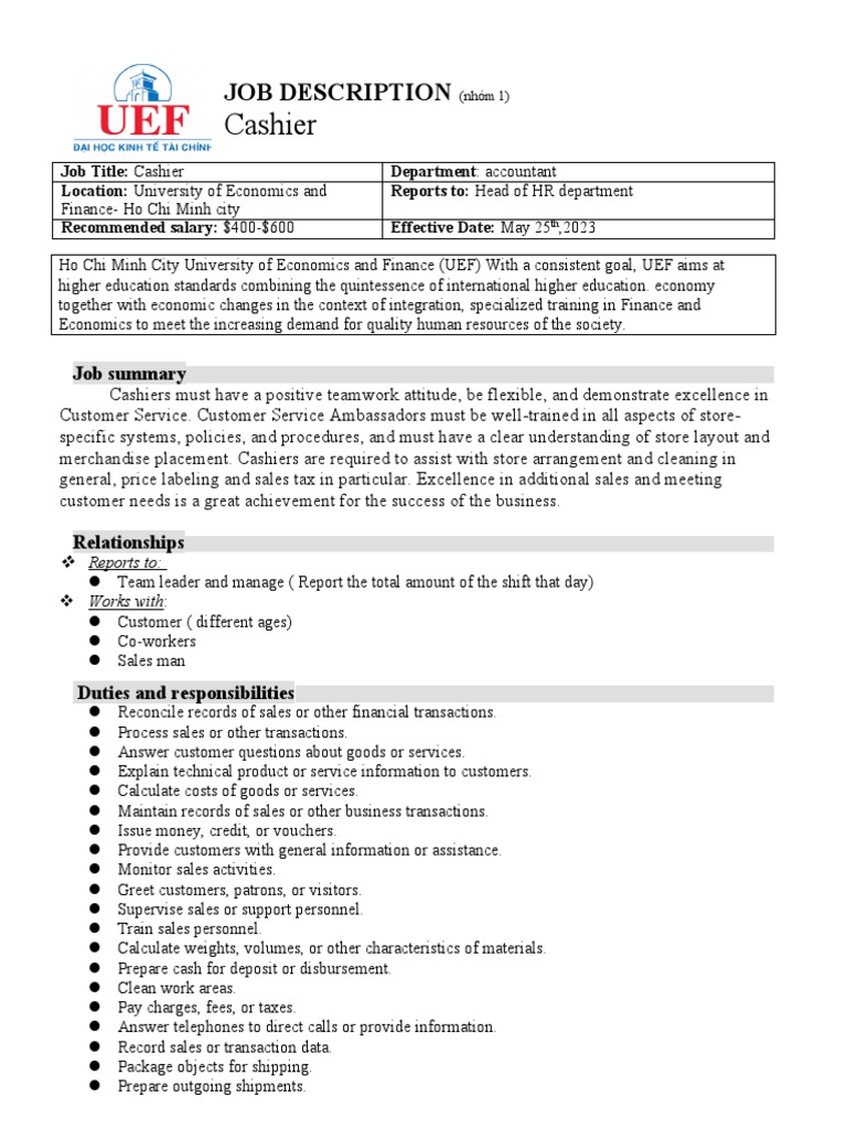 job desciption cashier | PDF