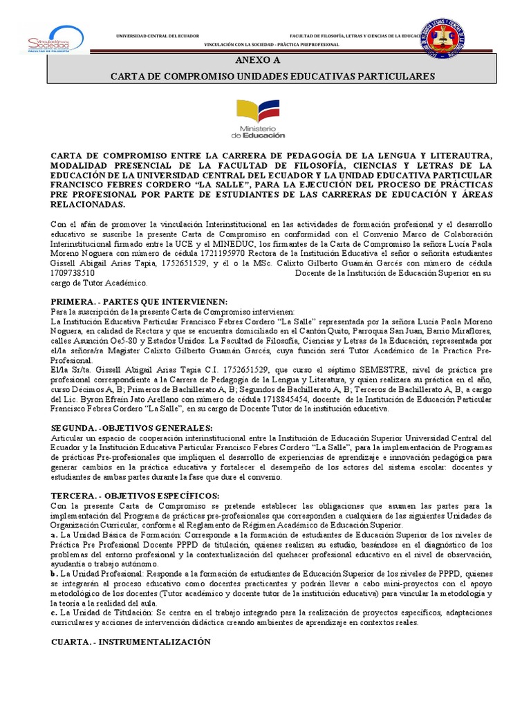 Carta de Compromiso Prácticas UCE | PDF | Educación más alta | Maestros
