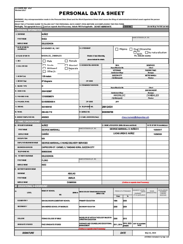 Personal Data Sheet Template | PDF