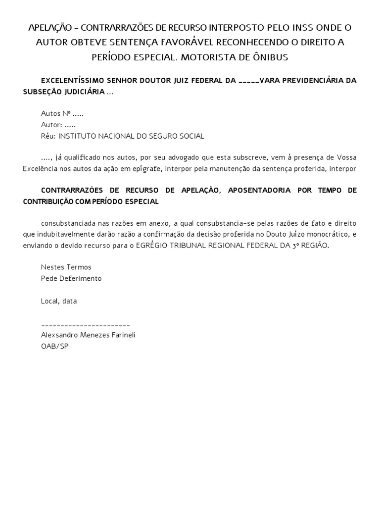 Apelação - Contrarrazões de Recurso Interposto Pelo Inss Onde o Autor ...
