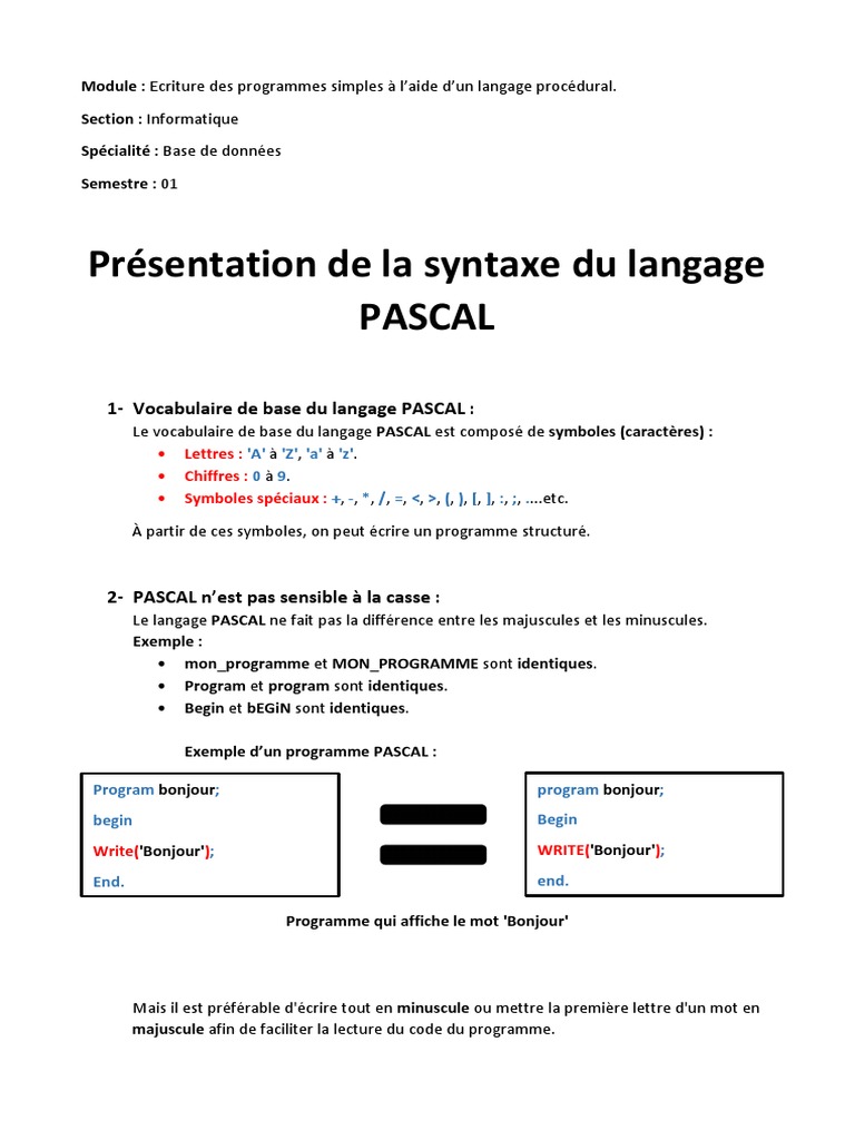 2-Présentation de La Syntaxe Du Langage Pascal | PDF