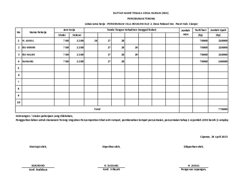 Form Absensi HOK | PDF