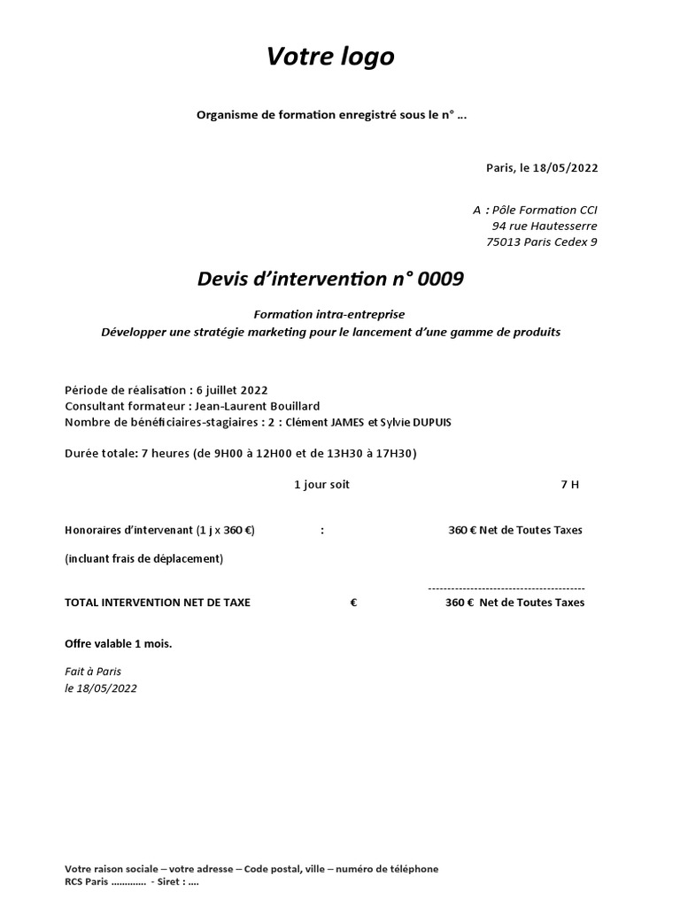 Modele Devis Formateur Word Gratuit A Telecharger | PDF