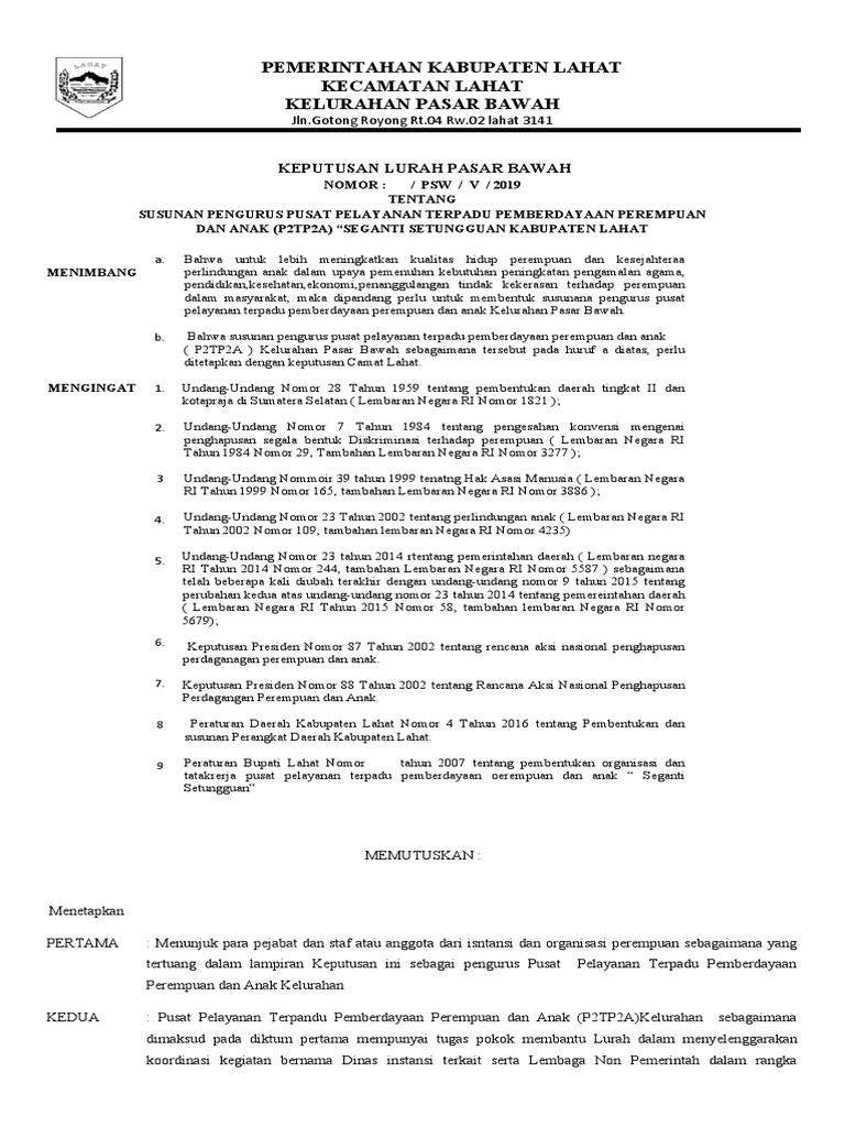 Keputusan Pembentukan P2TP2A dan PUSPAGA Lahat | PDF