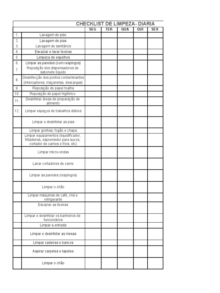 Check List Limpeza - XLSX - Planilha1 | PDF | Implementos domésticos