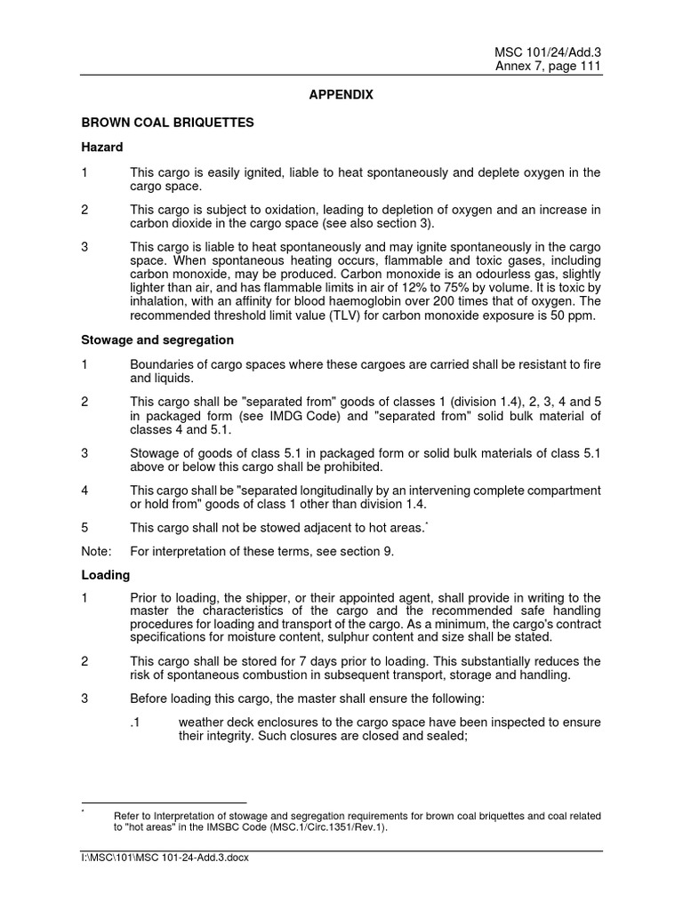 IMSBC CODE 2020. Brown Coal Briquettes | PDF | Combustion | Atmosphere ...