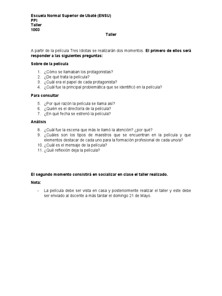 Taller sobre la película Tres Idiotas | PDF