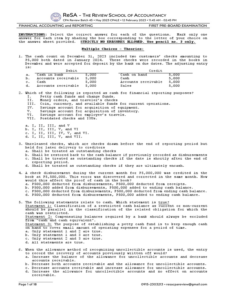 ReSA B45 FAR First PB Exam Questions Answers Solutions | PDF